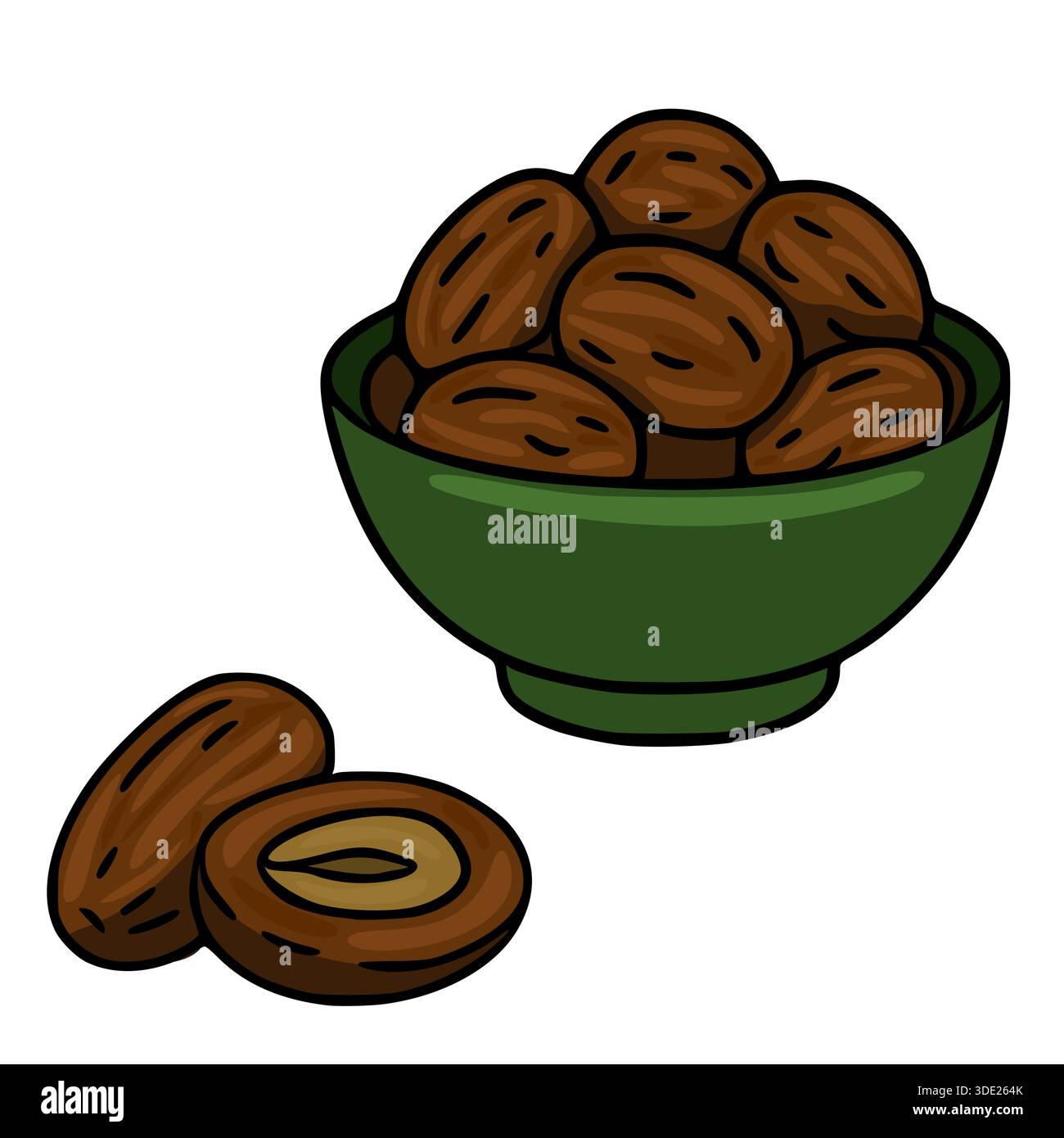 A charming vector illustration of a green bowl filled with ripe dates ...