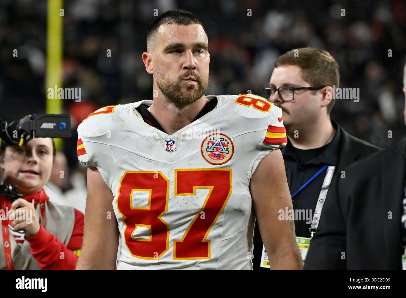 Kansas City Chiefs tight end Travis Kelce heads off the field following ...
