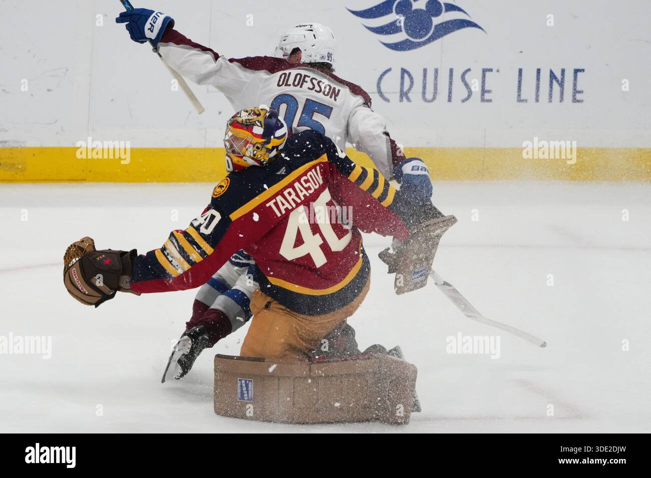 Florida Panthers goaltender Daniil Tarasov (40) collides with Colorado ...