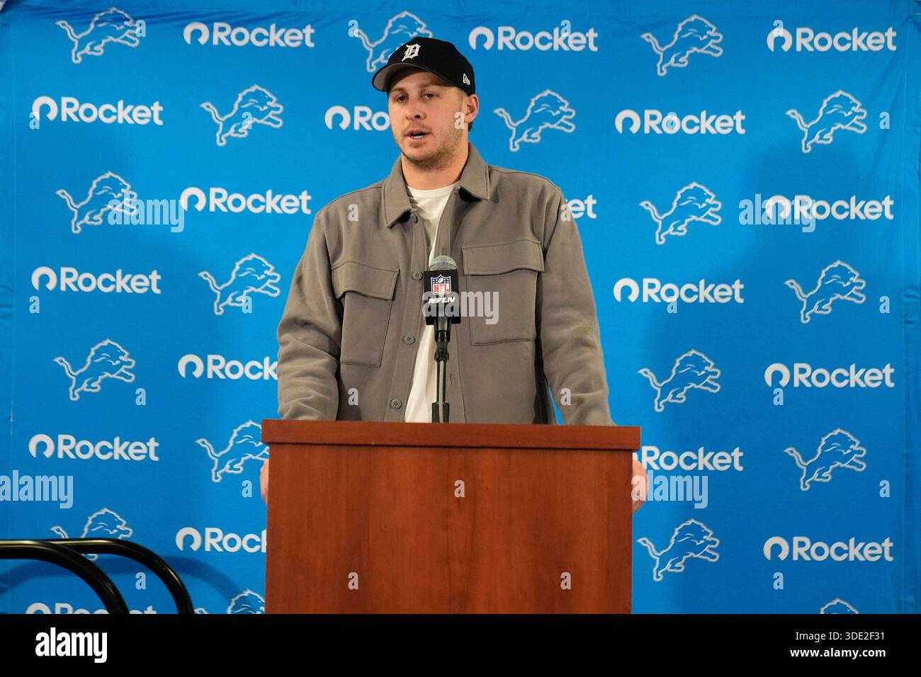 Detroit Lions quarterback Jared Goff speaks during a news conference ...