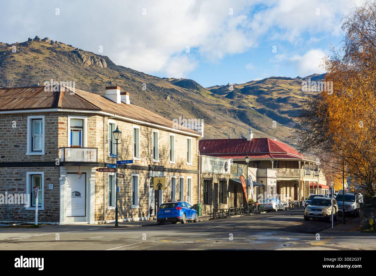 Clyde, New Zealand. The Lord Clyde Hotel (1907, foreground) and the ...
