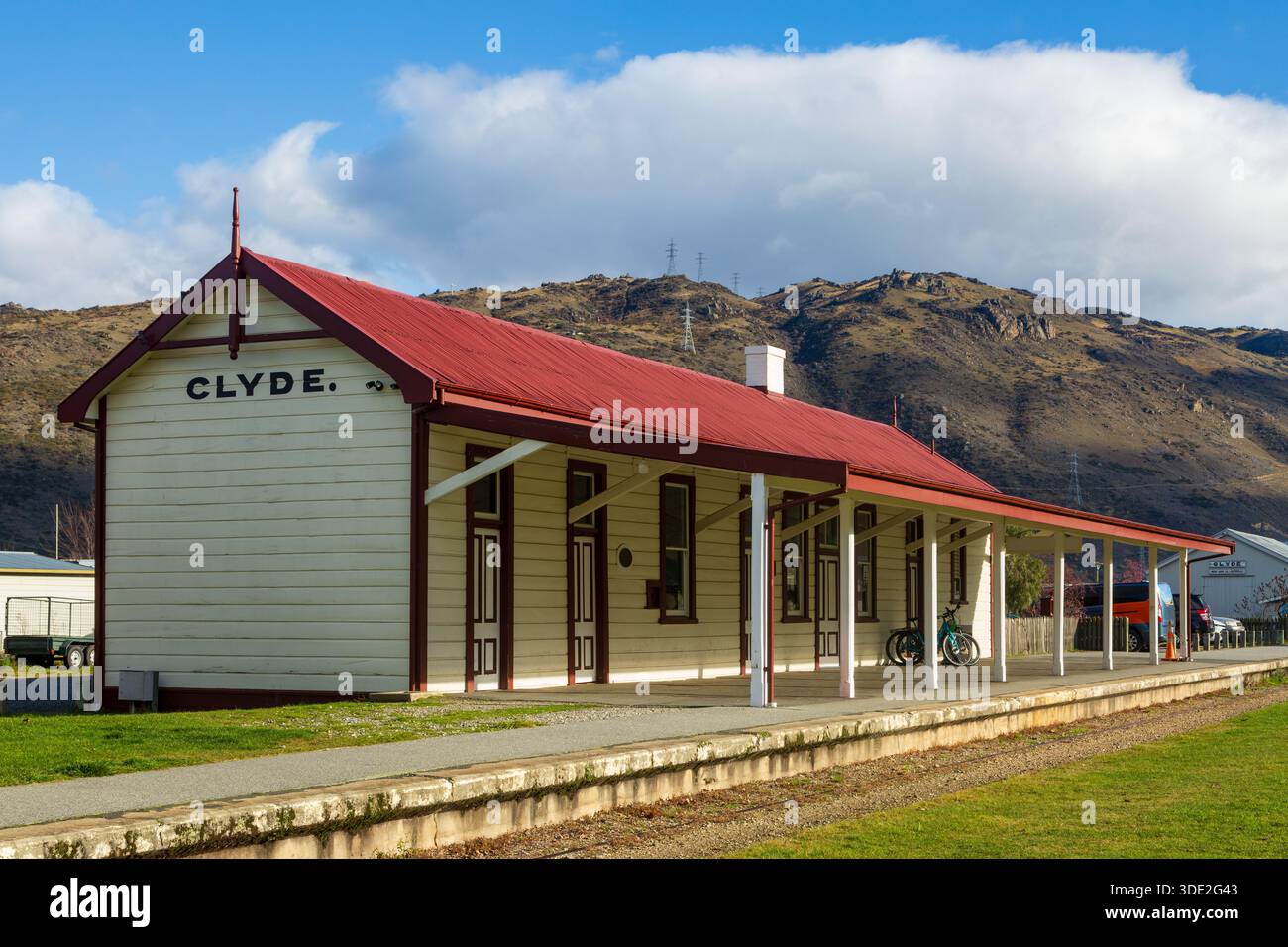 The old railway station in the small town of Clyde, New Zealand, built ...