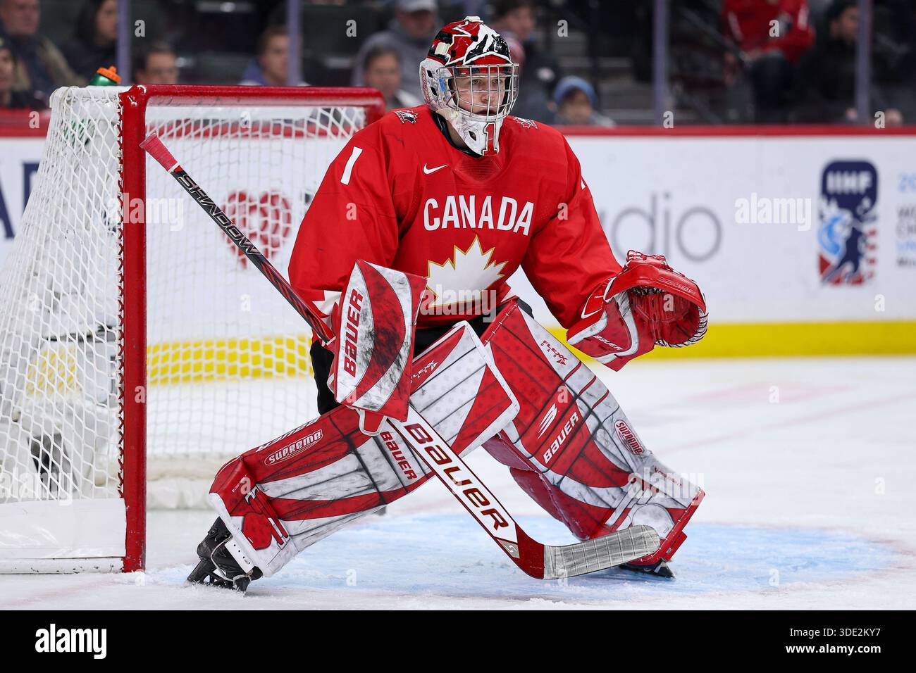 Canada goalie Jack Ivankovic defends his net against Czechia during the ...