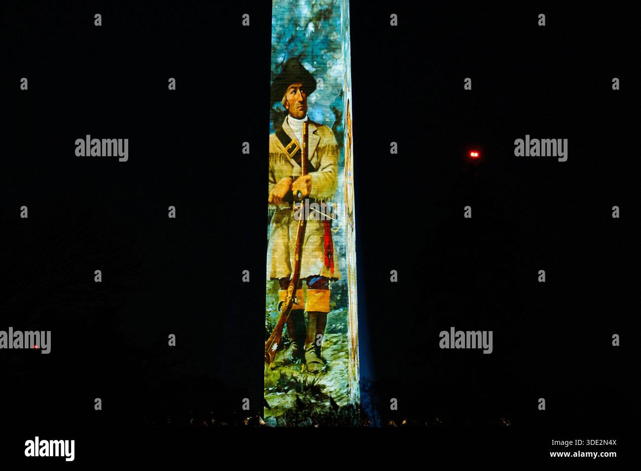 A painting of the Lewis and Clark Expedition is projected on the ...