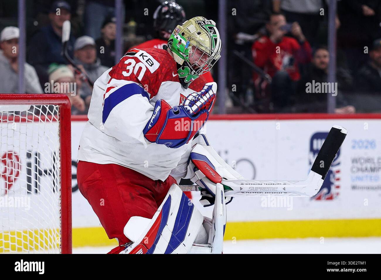 Czechia goalie Michal Orsulak (30) celebrates his penalty shot save ...