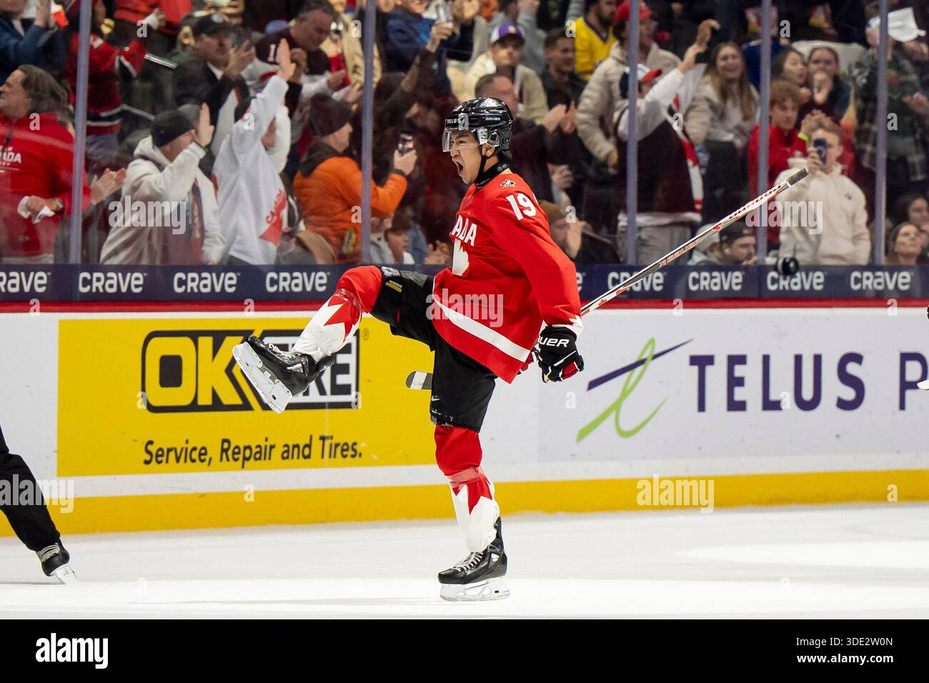 Canada's Zayne Parekh (19) celebrates his goal during second period ...