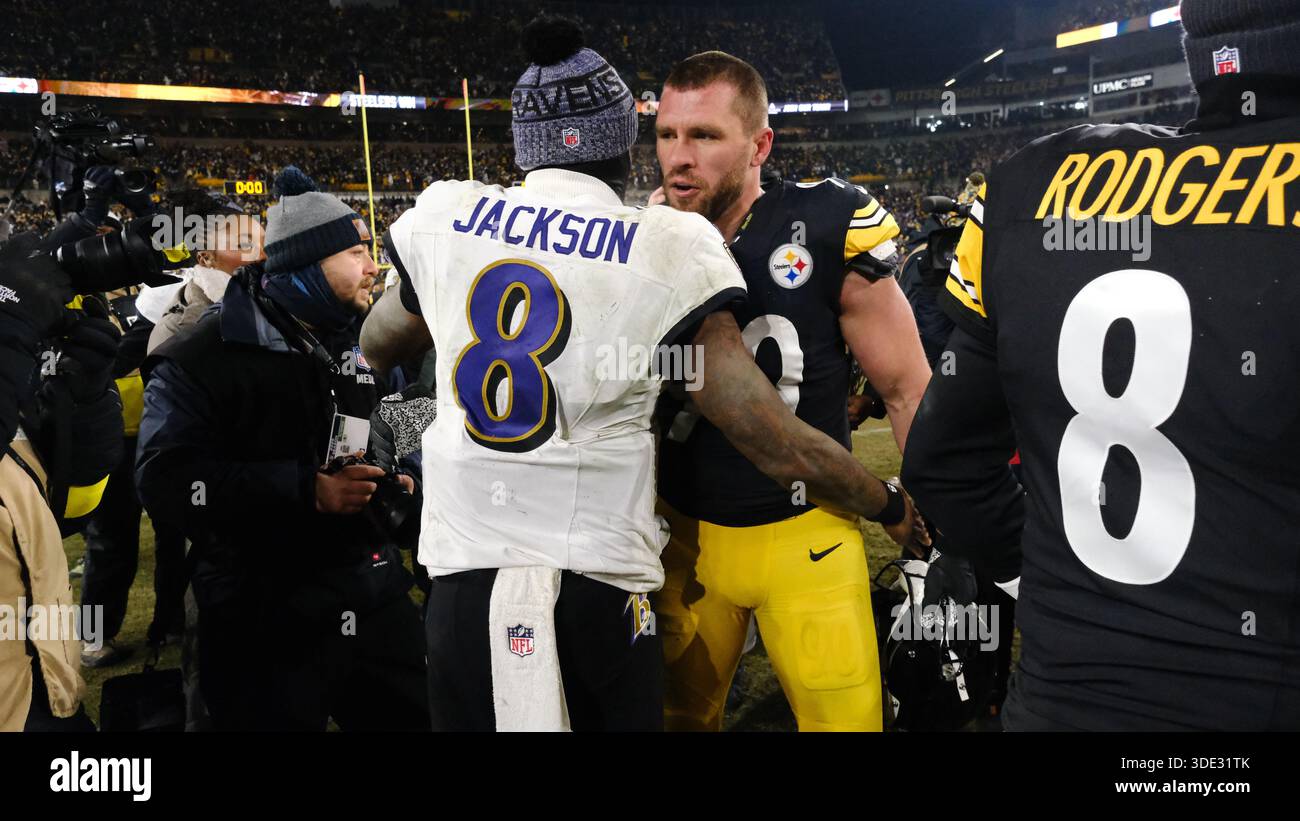 Jan 04, 2025: TJ Watt #80 and Lamar Jackson #8 after the Pittsburgh ...