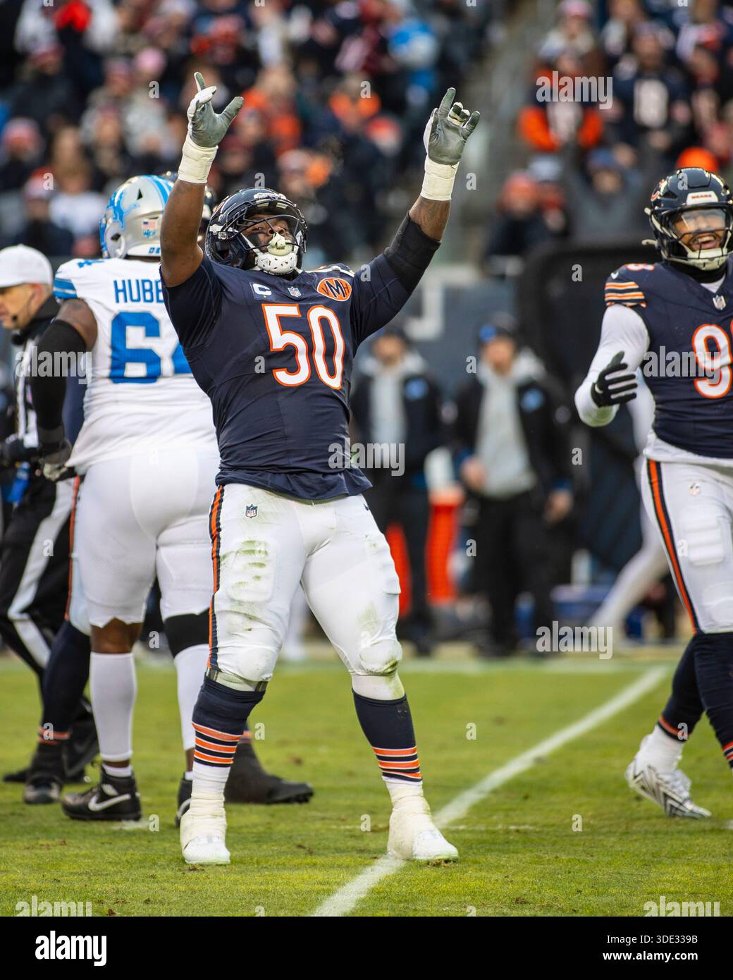 January 4, 2026: Chicago Bears Grady Jarrett (50) celebrates a sack ...