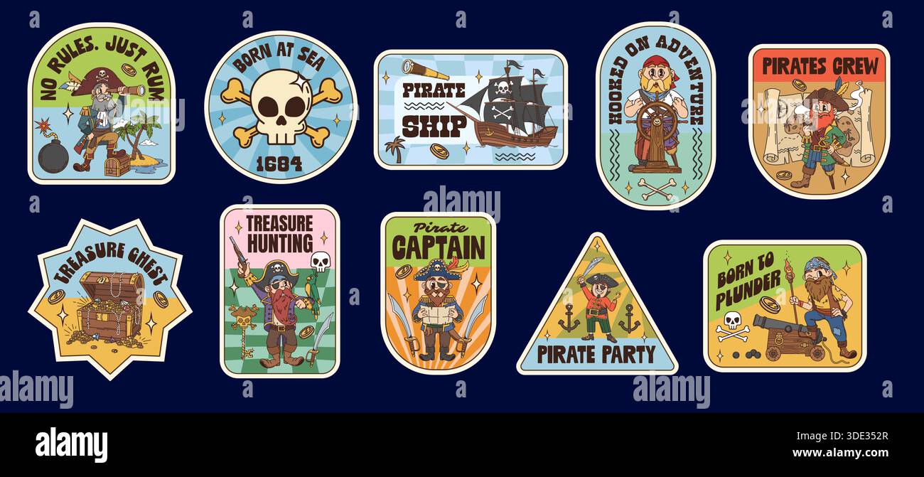 Pirate groovy label stickers with vintage cartoon pirate captains and ...