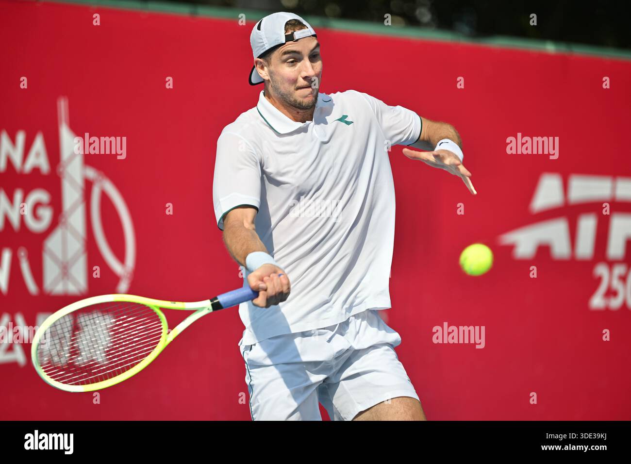 Jan-Lennard Struff, a German tennis player, during a match at the Hong ...