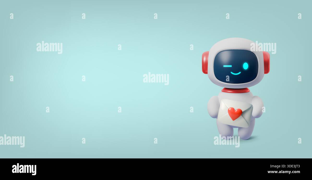 Cute 3D robot character holding heart with love. AI chatbot mascot for ...