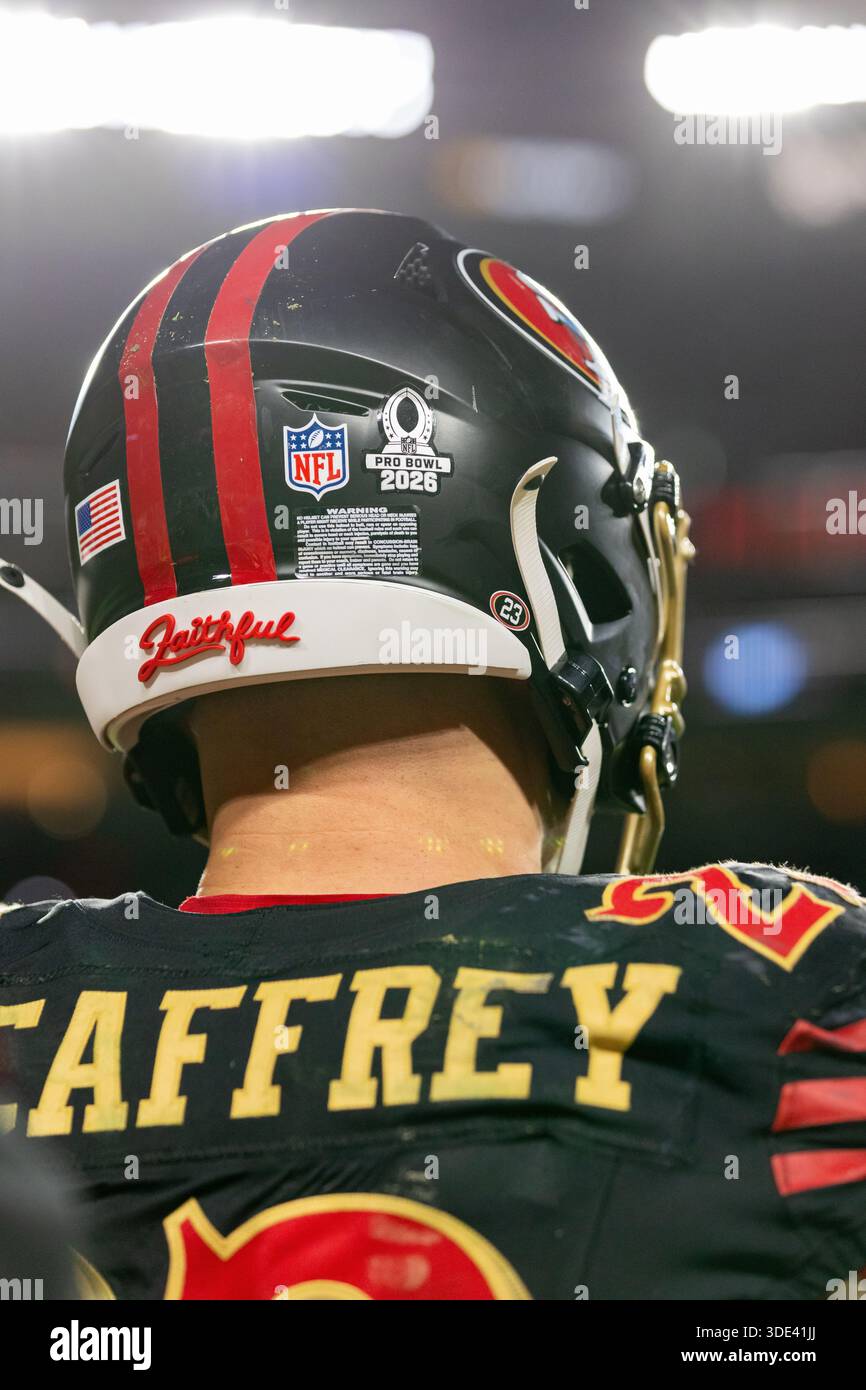 San Francisco 49ers running back Christian McCaffrey (23) wears a Pro ...