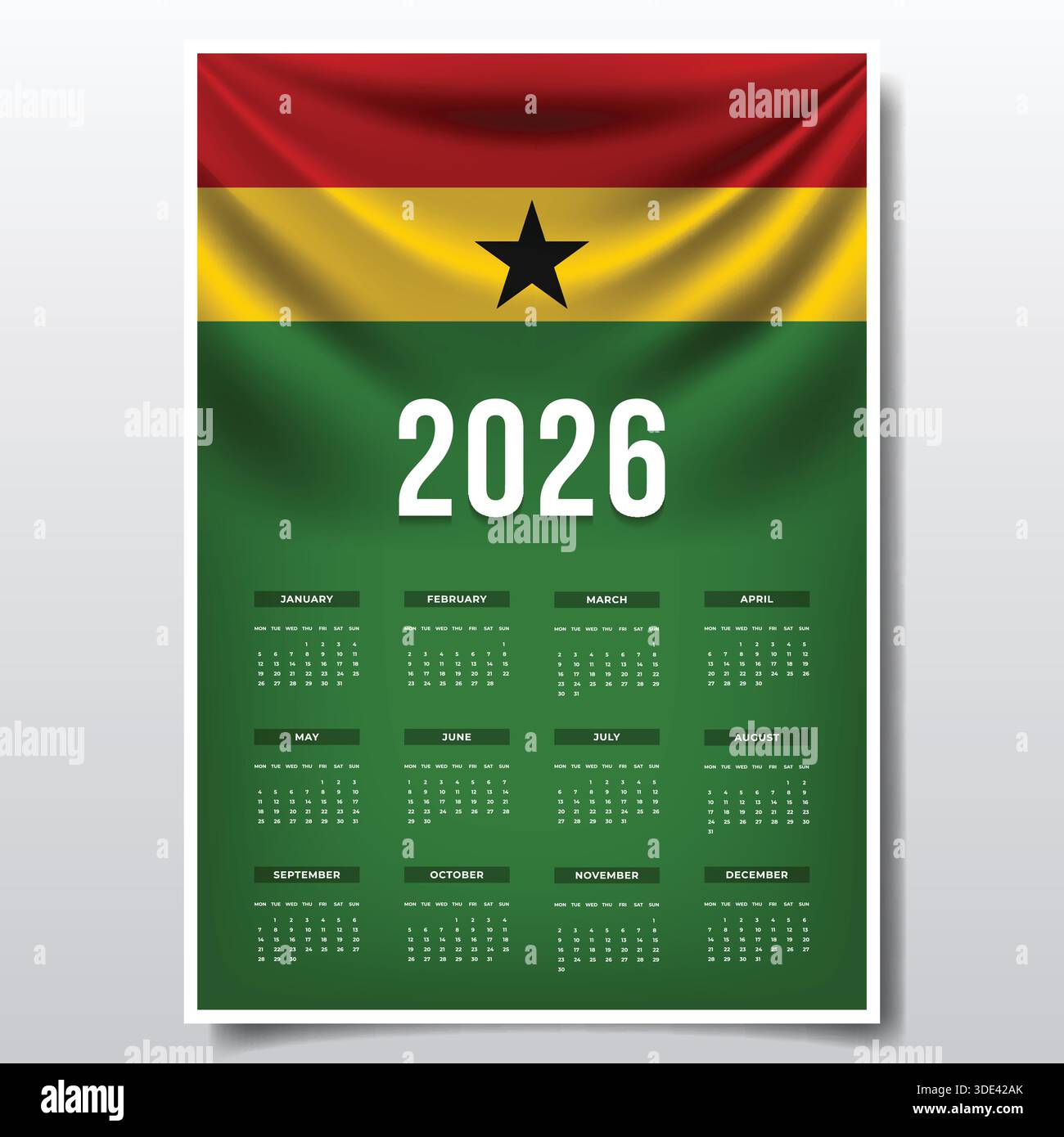 2026 Printable Calendar Design with GHANA Flag Theme, Patriotic GHANA ...