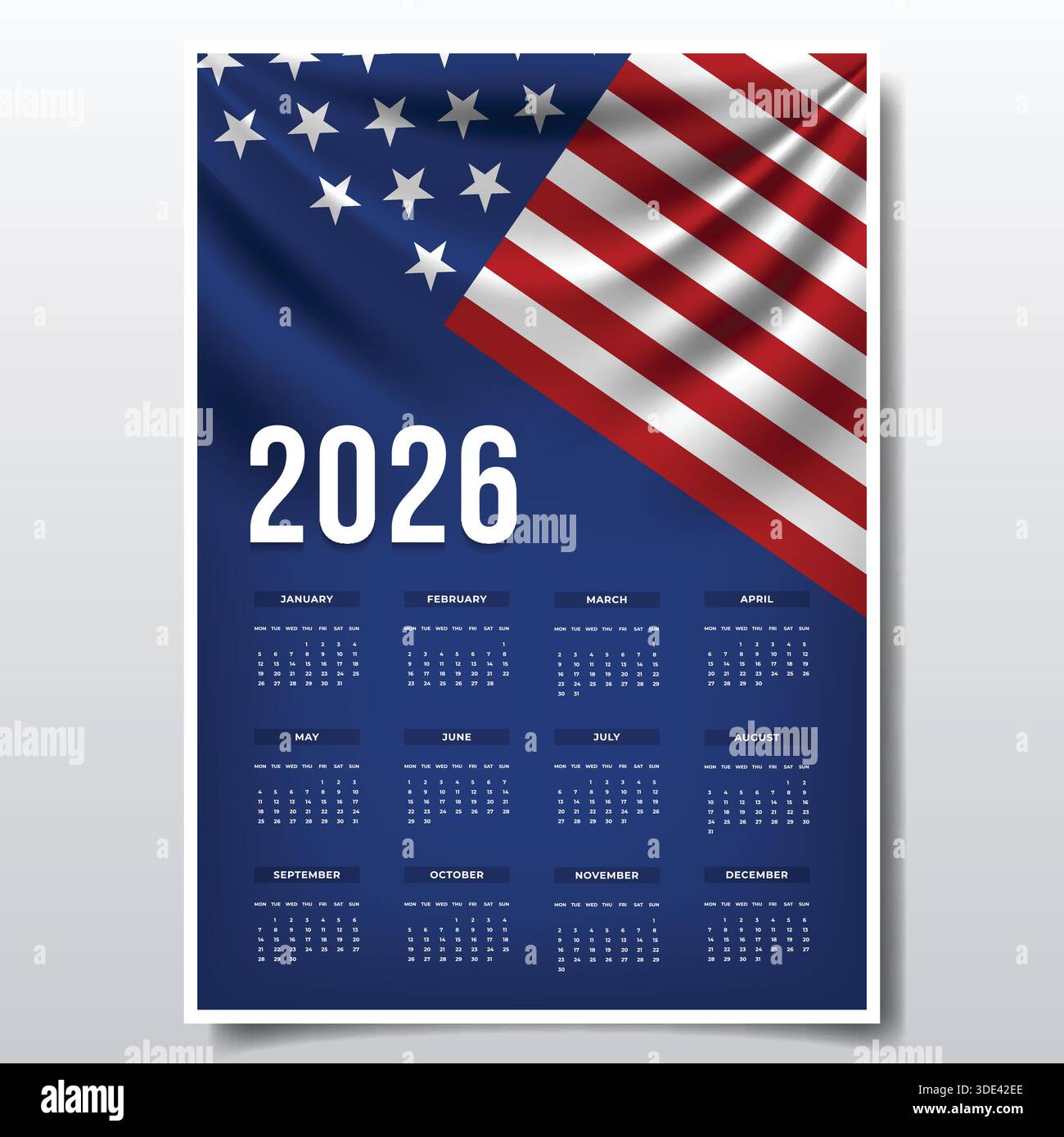 2026 Printable Calendar Design with United States Flag Theme, Patriotic ...