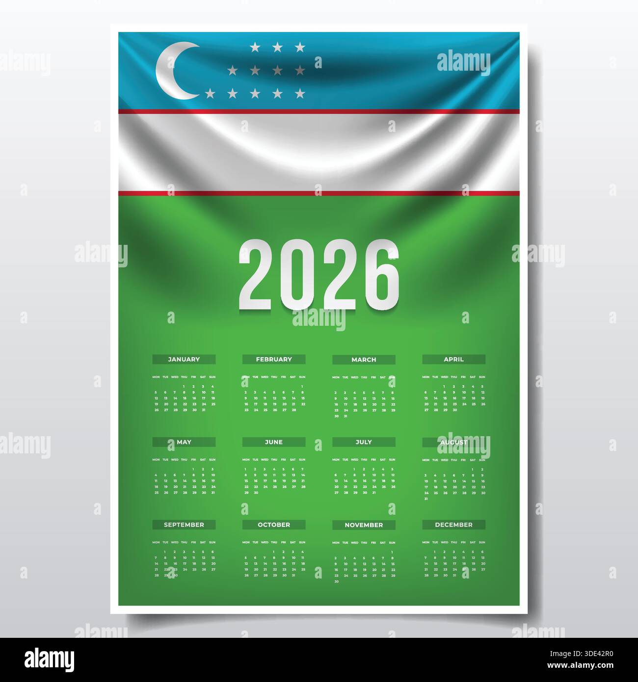 2026 Printable Calendar Design with UZBEKISTAN Flag Theme, Patriotic ...
