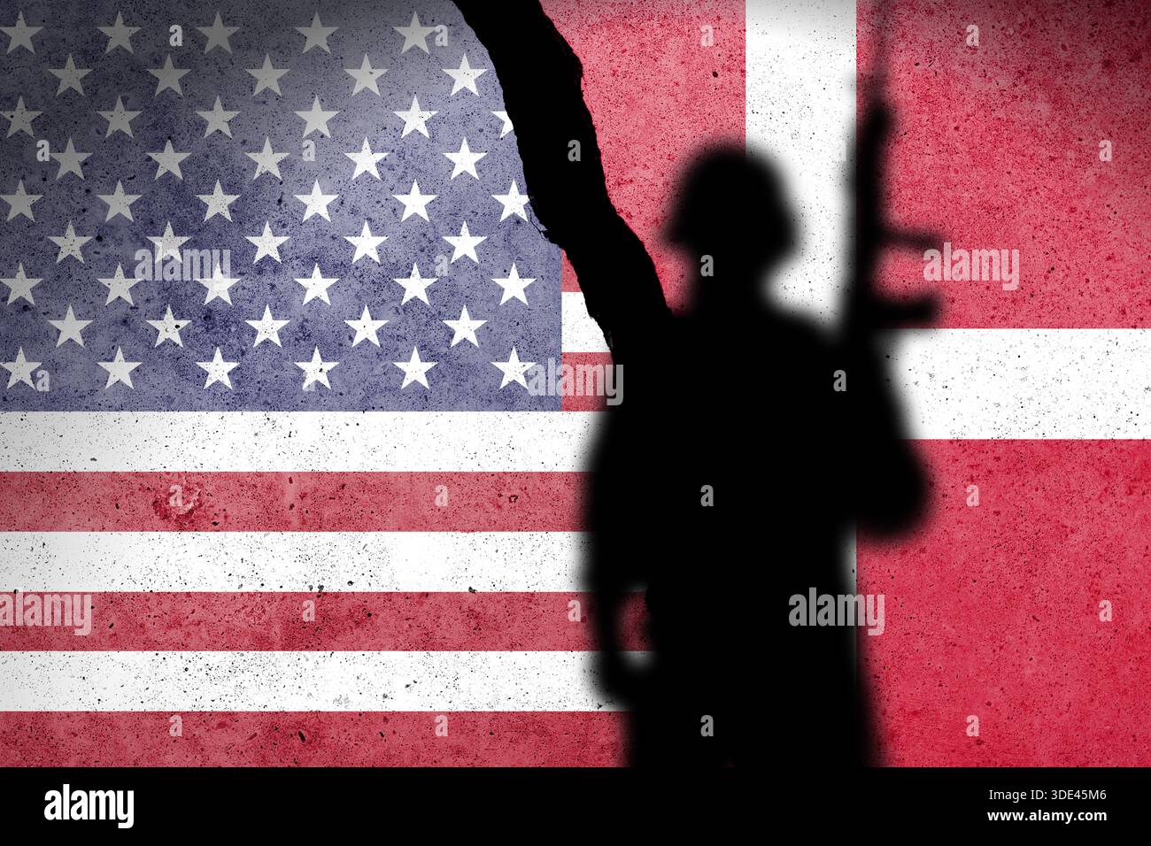 Flag of USA and Denmark painted on a concrete wall with soldier Stock ...