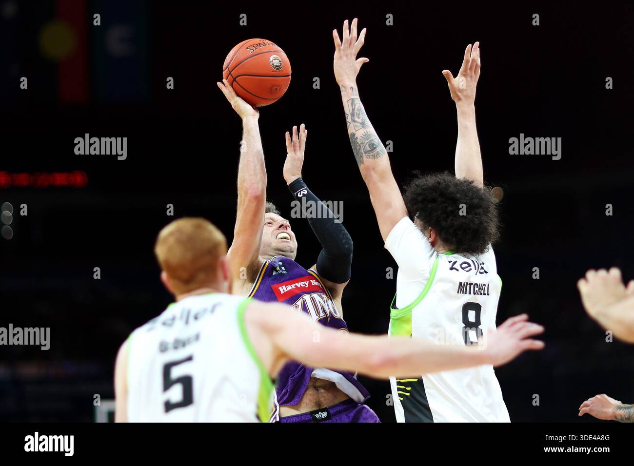 Matthew Dellavedova of the Kings shoots under pressure during the NBL ...
