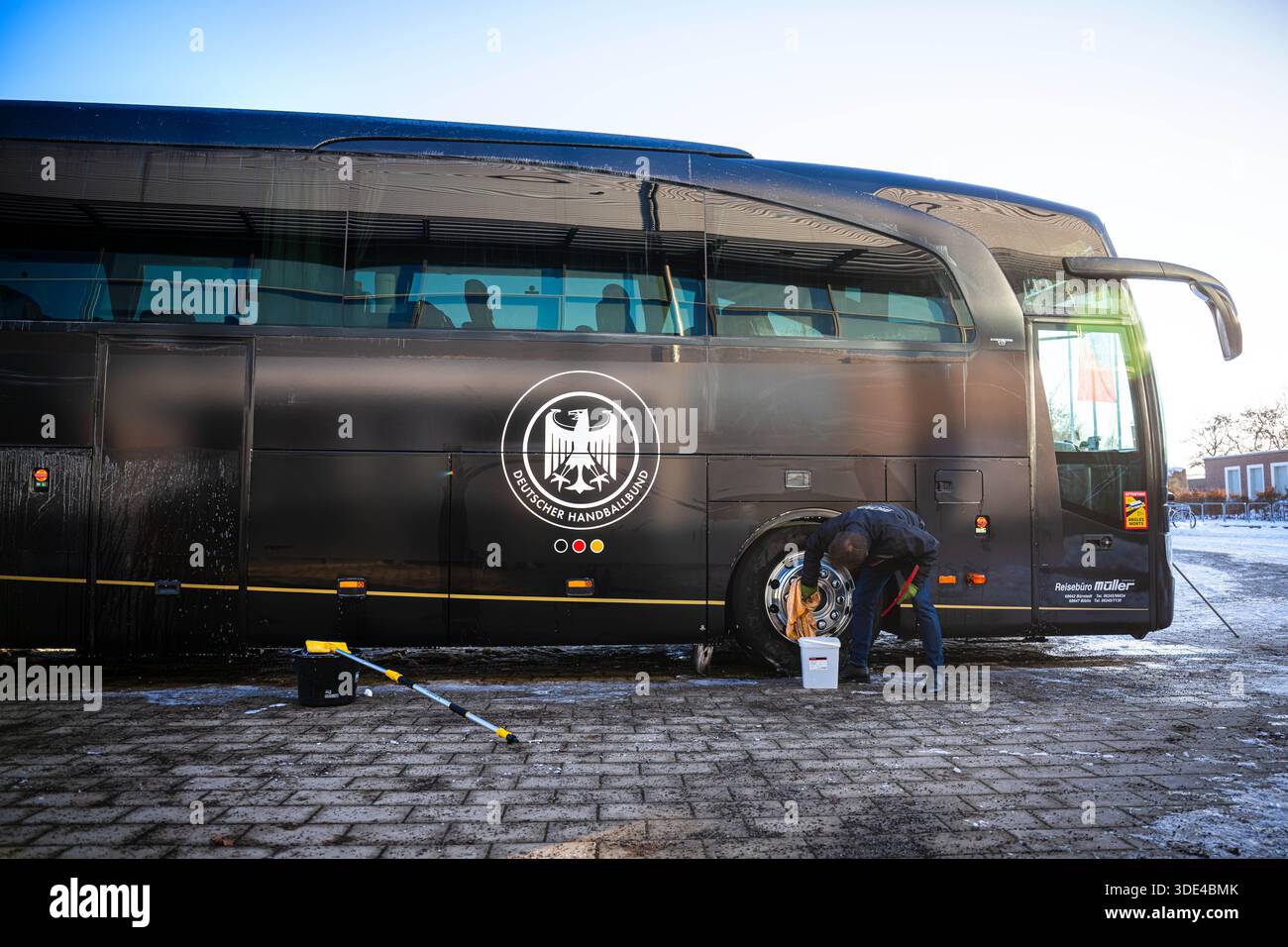 05 January 2026, Lower Saxony, Hanover: The DHB team bus is being ...