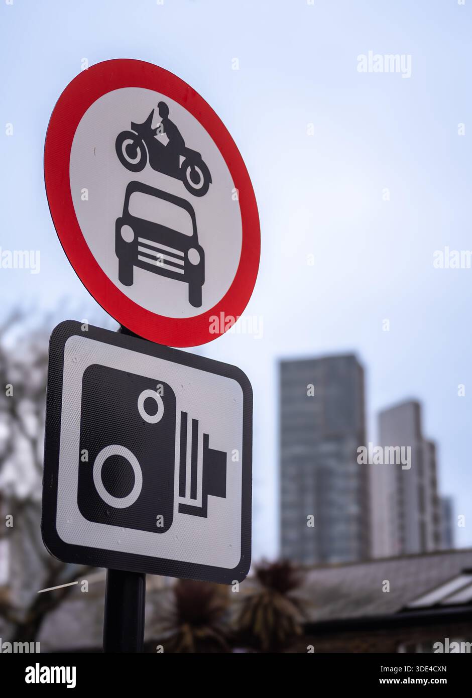 Traffic signs in London indicating no entry for cars and motorcycles ...