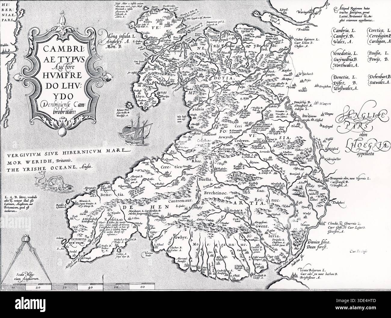 A nineteenth‑century map of Wales rendered in an ornate antiquarian ...