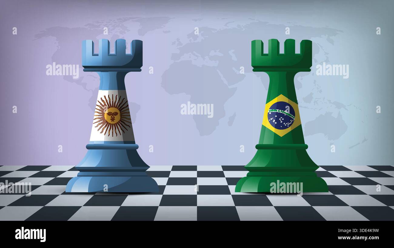 Two Standing Rooks Representing Brazil vs Argentina with Flags on ...
