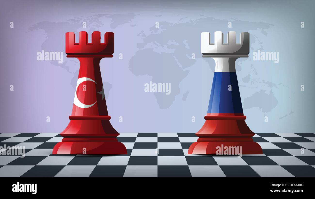 Two Standing Rooks Representing Russia vs Turkey with Flags on Bodies ...