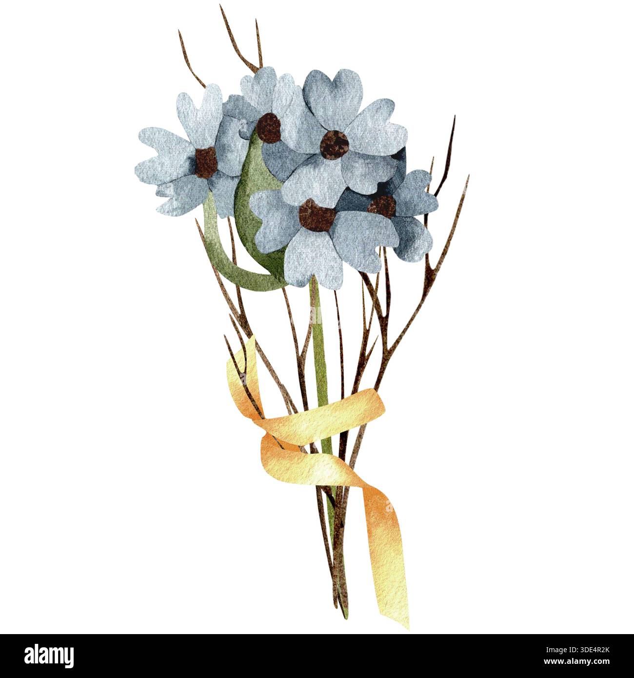 A watercolor bouquet of blue wildflowers, tied with ribbon and adorned ...