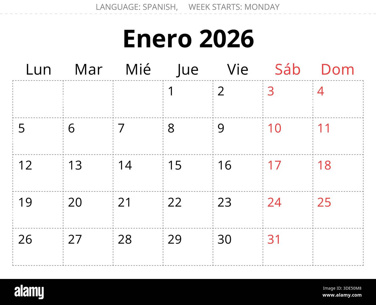 2026 january Spanish calendar. vector illustrations for month Enero in ...