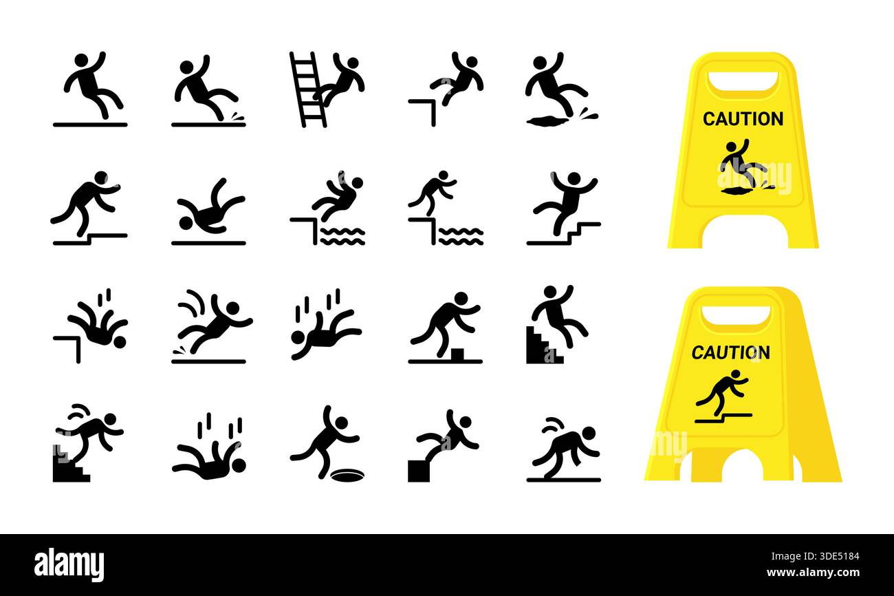 Fall icons. Caution accident, slip work trip or staircase yellow safety ...