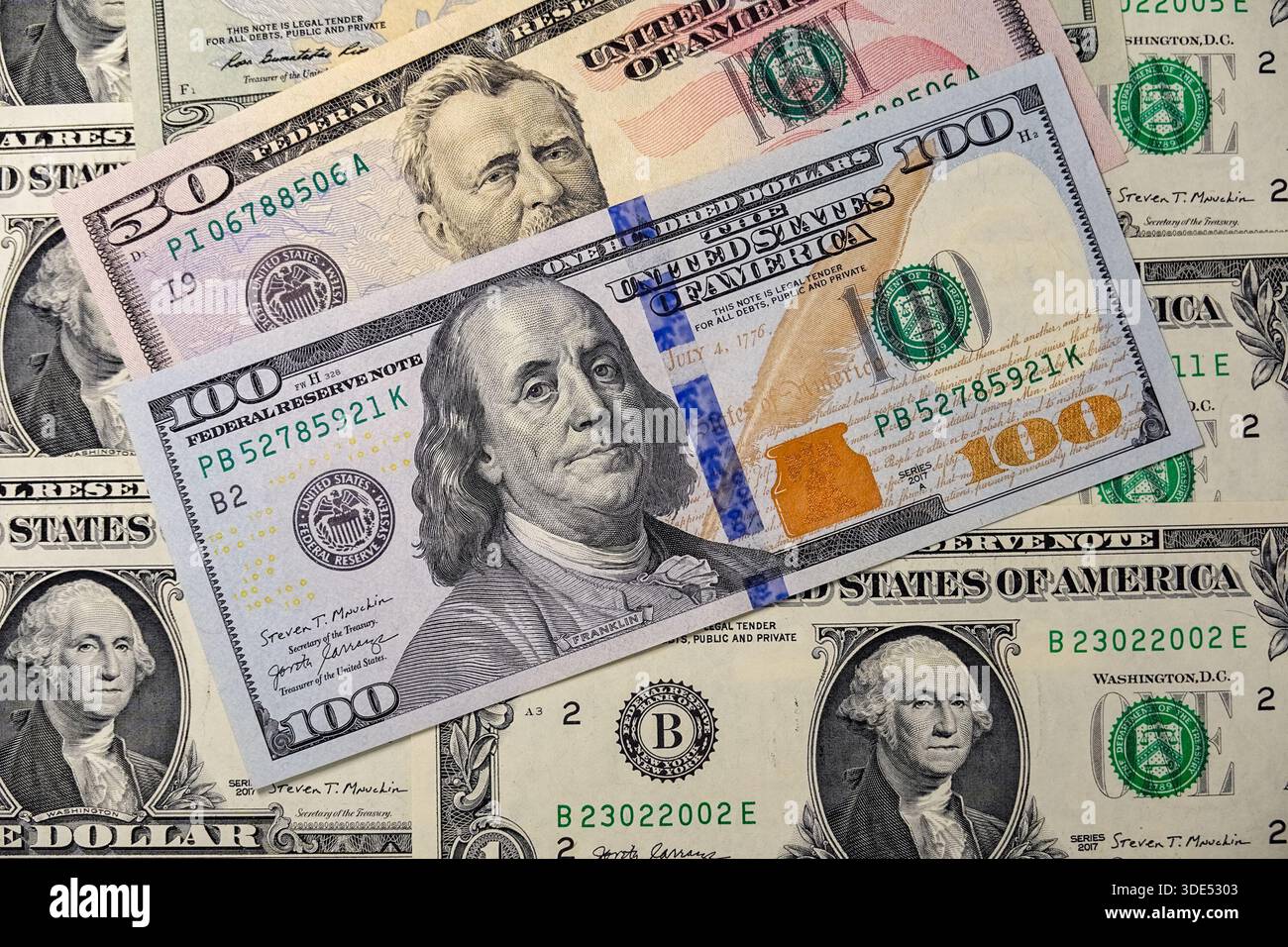 A $100 bill (Franklin) placed over smaller US bills, highlighting the ...