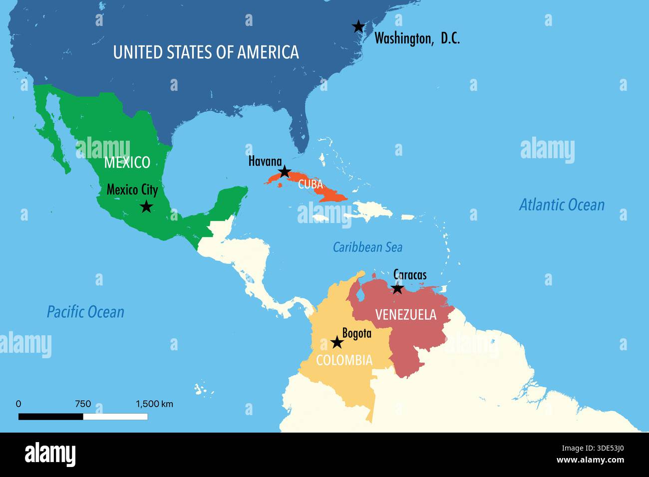 United States Map with Venezuela, Mexico, Cuba and Colombia ...