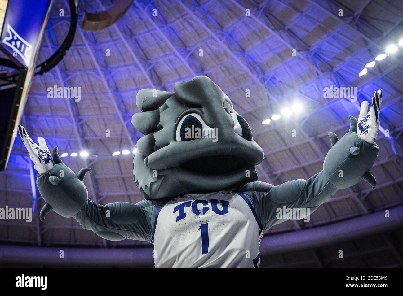 Texas Christian University's mascot, SuperFrog, gestures during an NCAA ...