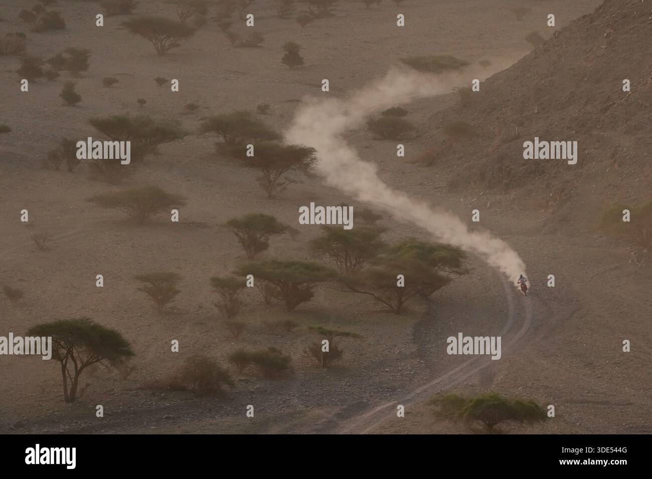 A rider steers his bike during the second stage of the Dakar Rally between Yanbu and Alula ...
