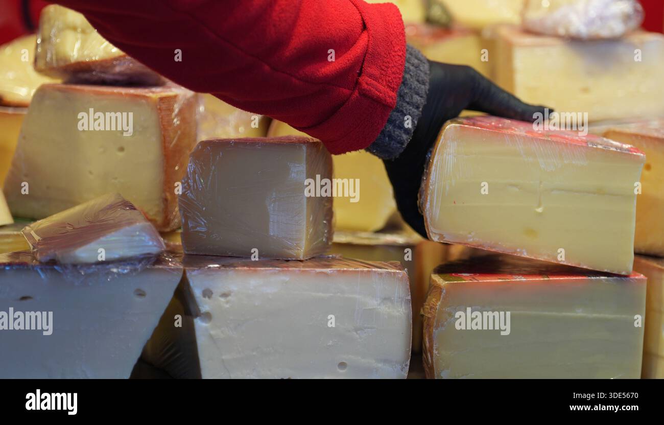 PRODUCTION - 03 January 2026, Hamburg: An employee puts back a cheese ...