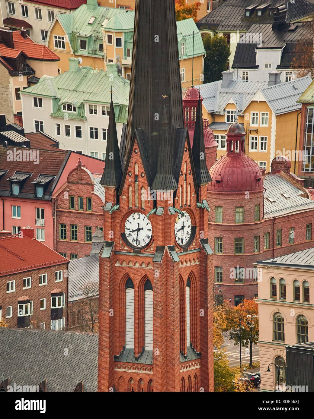 The church tower of the Gustav Adolf church rises above the surrounding ...