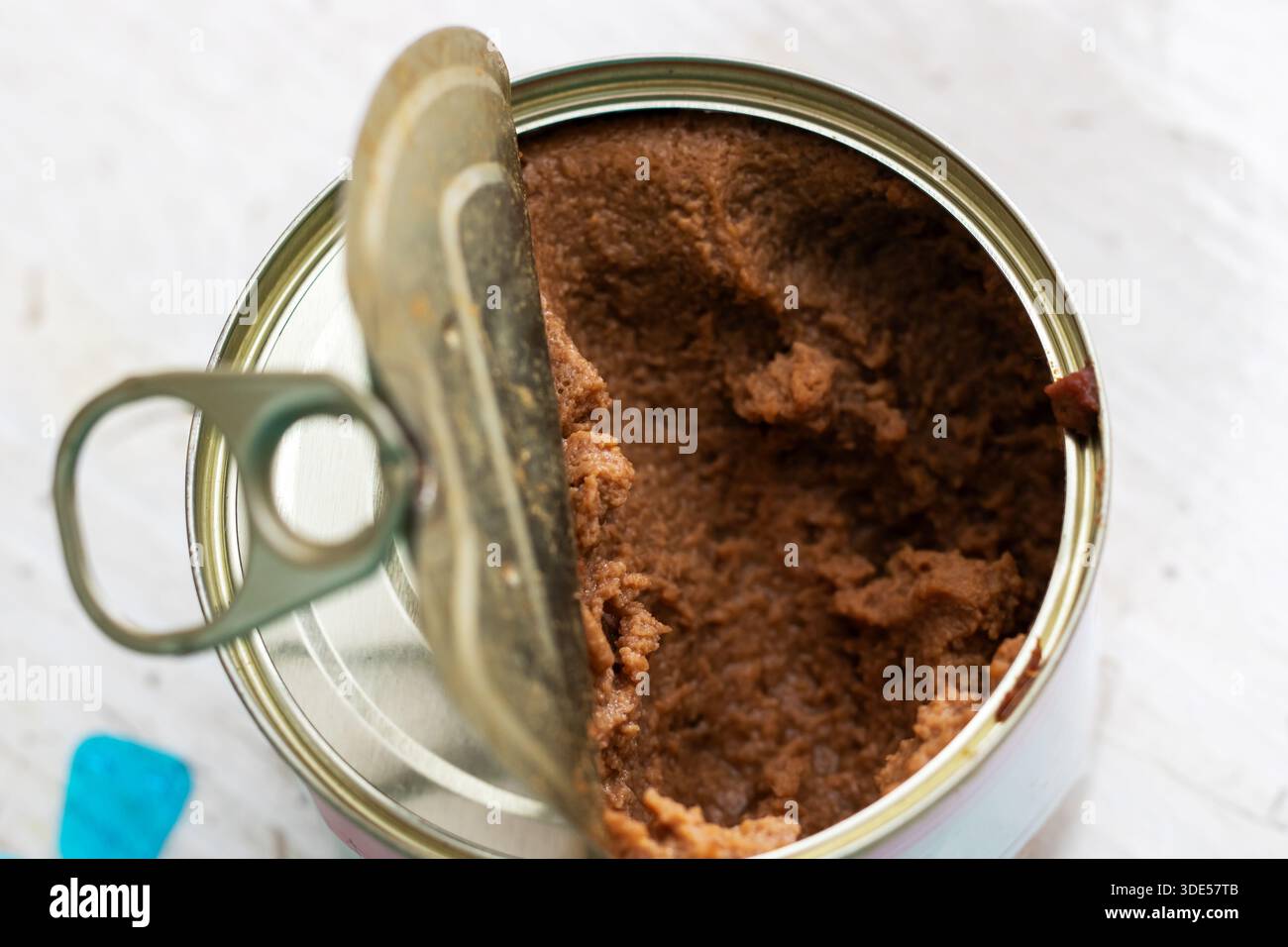opened can meat pate spread, closeup overhead shot showing pulltab lid ...