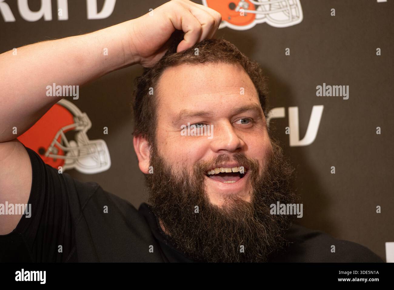 Cleveland Browns offensive guard Joel Bitonio talks with reporters, at ...