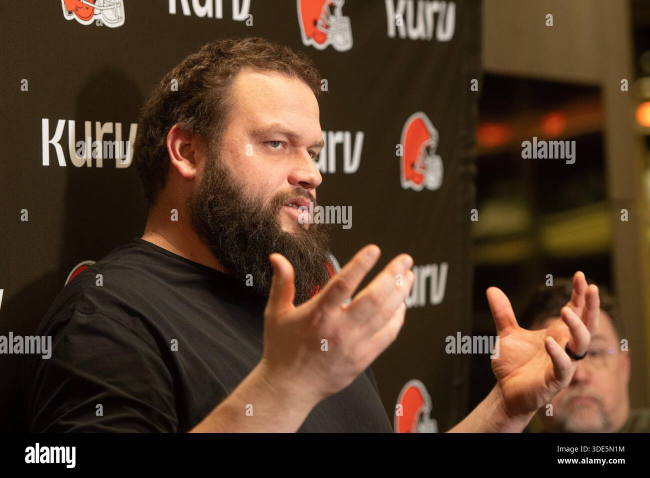 Cleveland Browns offensive guard Joel Bitonio talks with reporters, at ...
