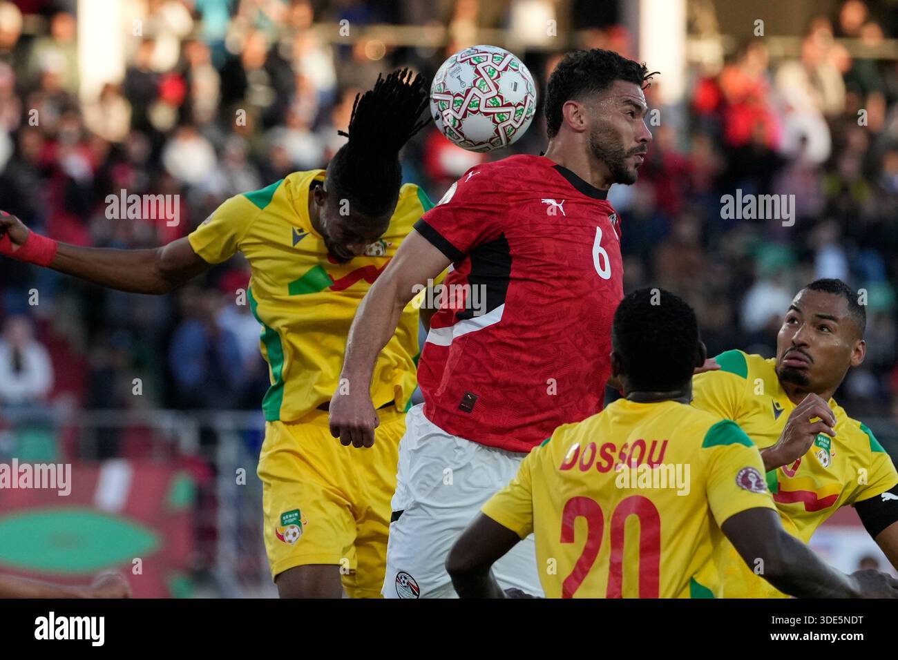 Benin's Hassane Imourane, left, and Egypt's Yasser Ibrahim jump for the ...