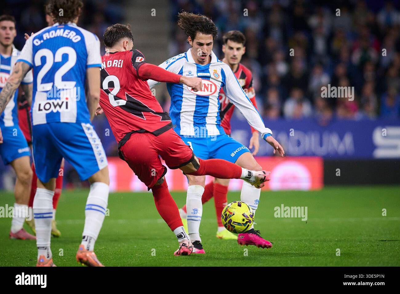 RCD Espanyol's Pere Milla (R) and Rayo Vallecano's Andrei Ratiu during ...