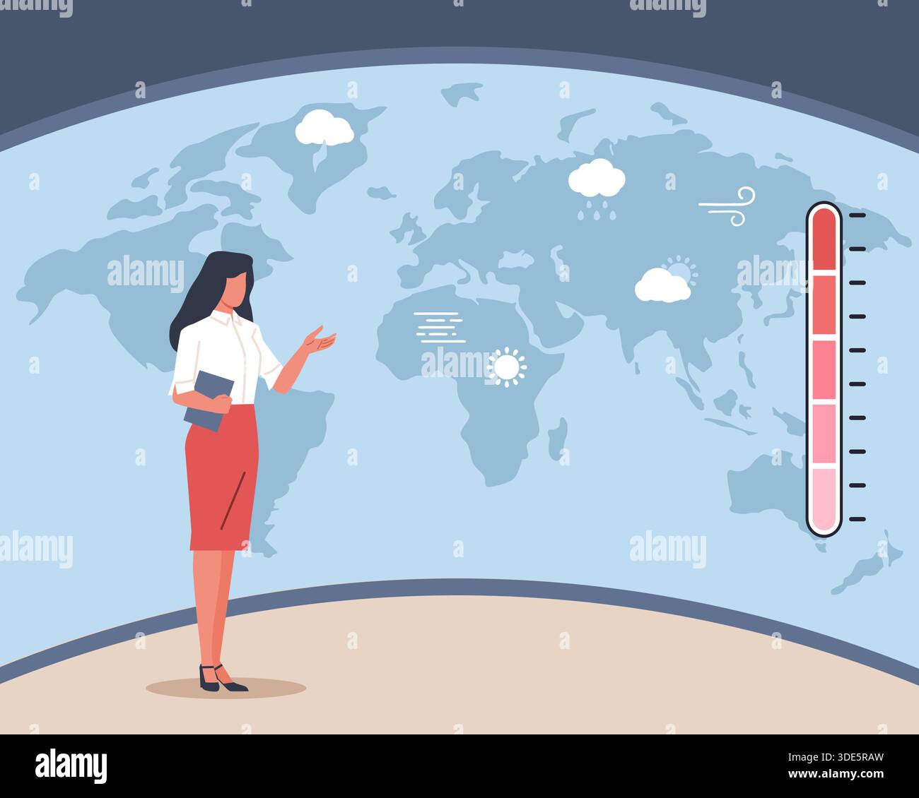 Meteorology. Weather forecast presenter has large screen with map and ...