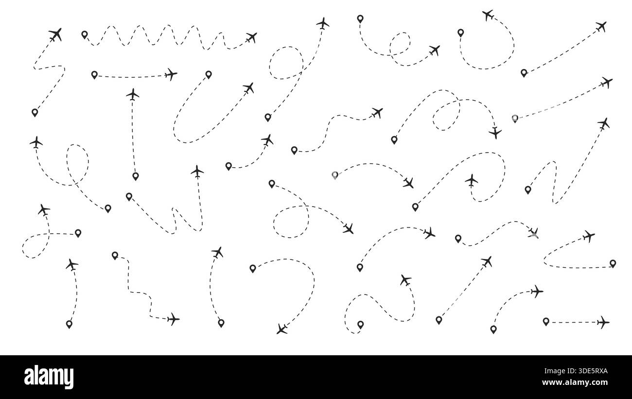 Set of Various Airplane Lines and Roads with Jet Icons Stock Vector ...