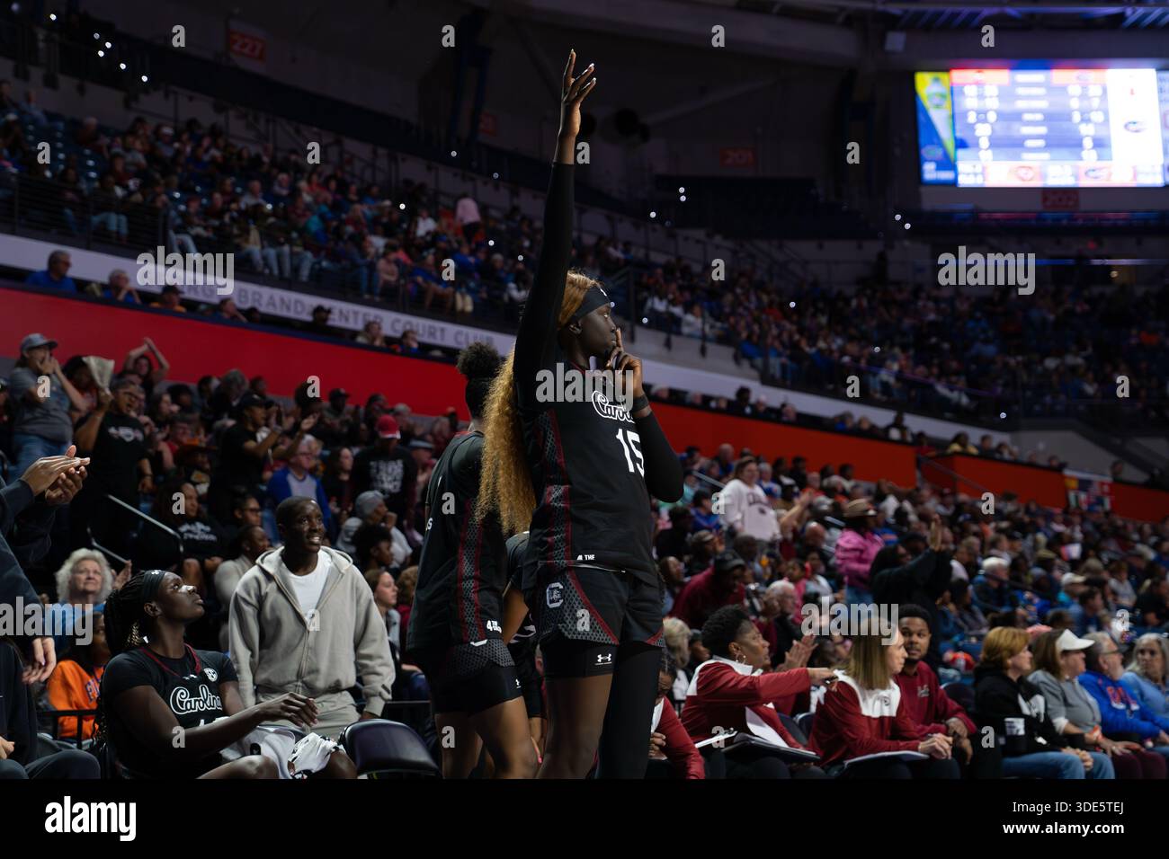 South Carolina forward Adhel Tac (15) celebrates as her teammates play ...