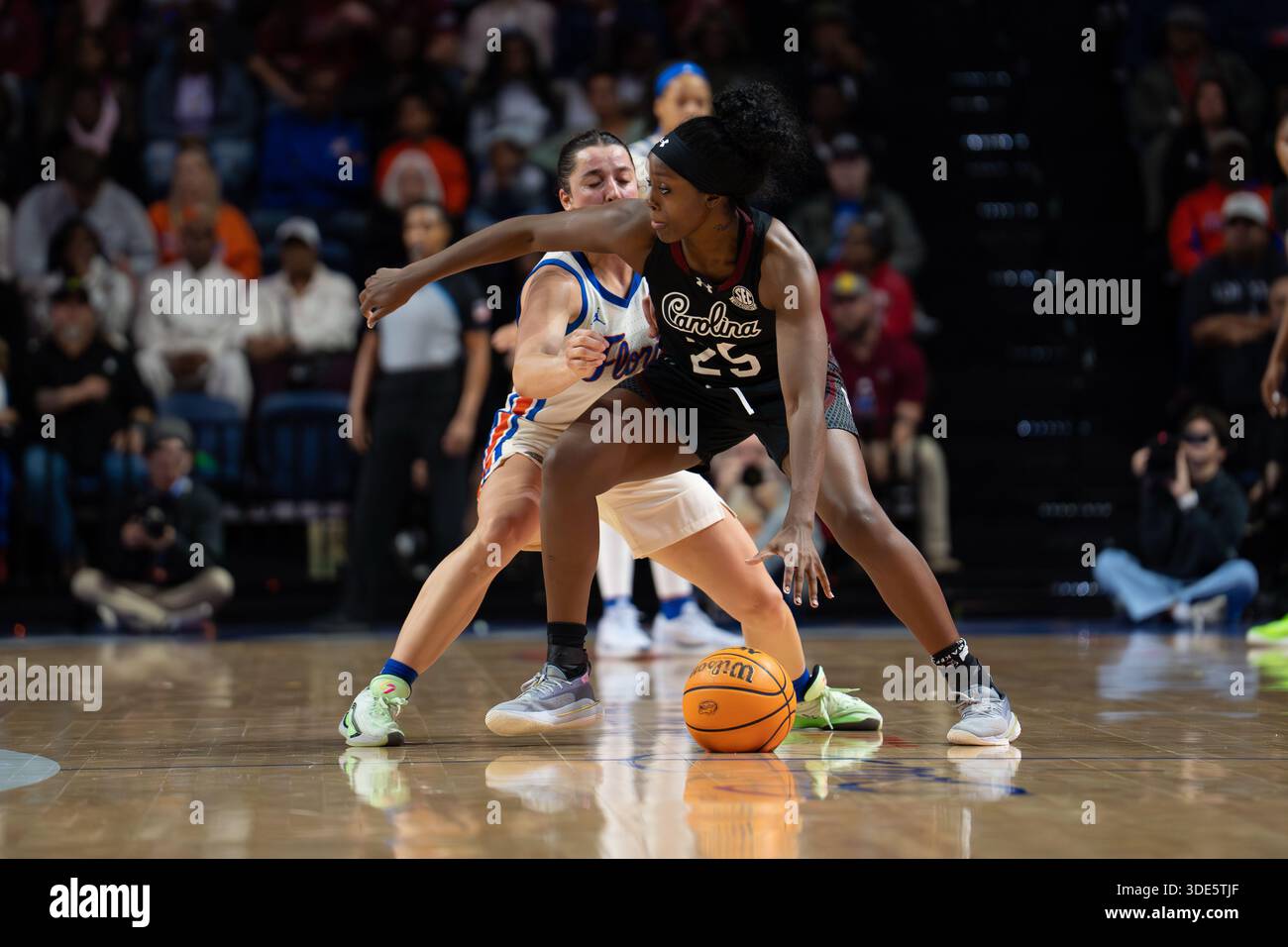 South Carolina guard Raven Johnson (25) dribbles around Florida guard ...