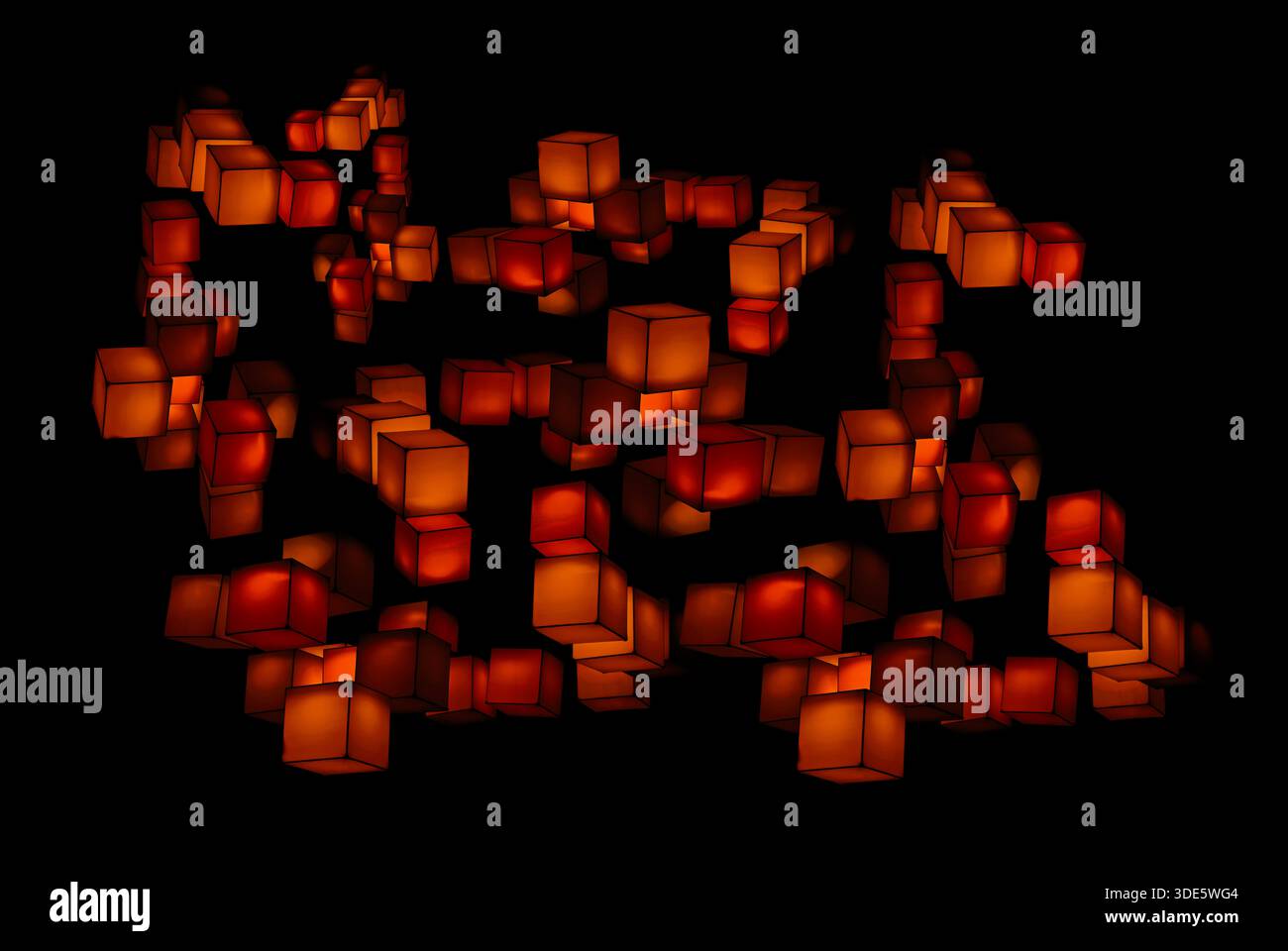 a lighting installation featuring an arrangement of glowing, red cubes ...