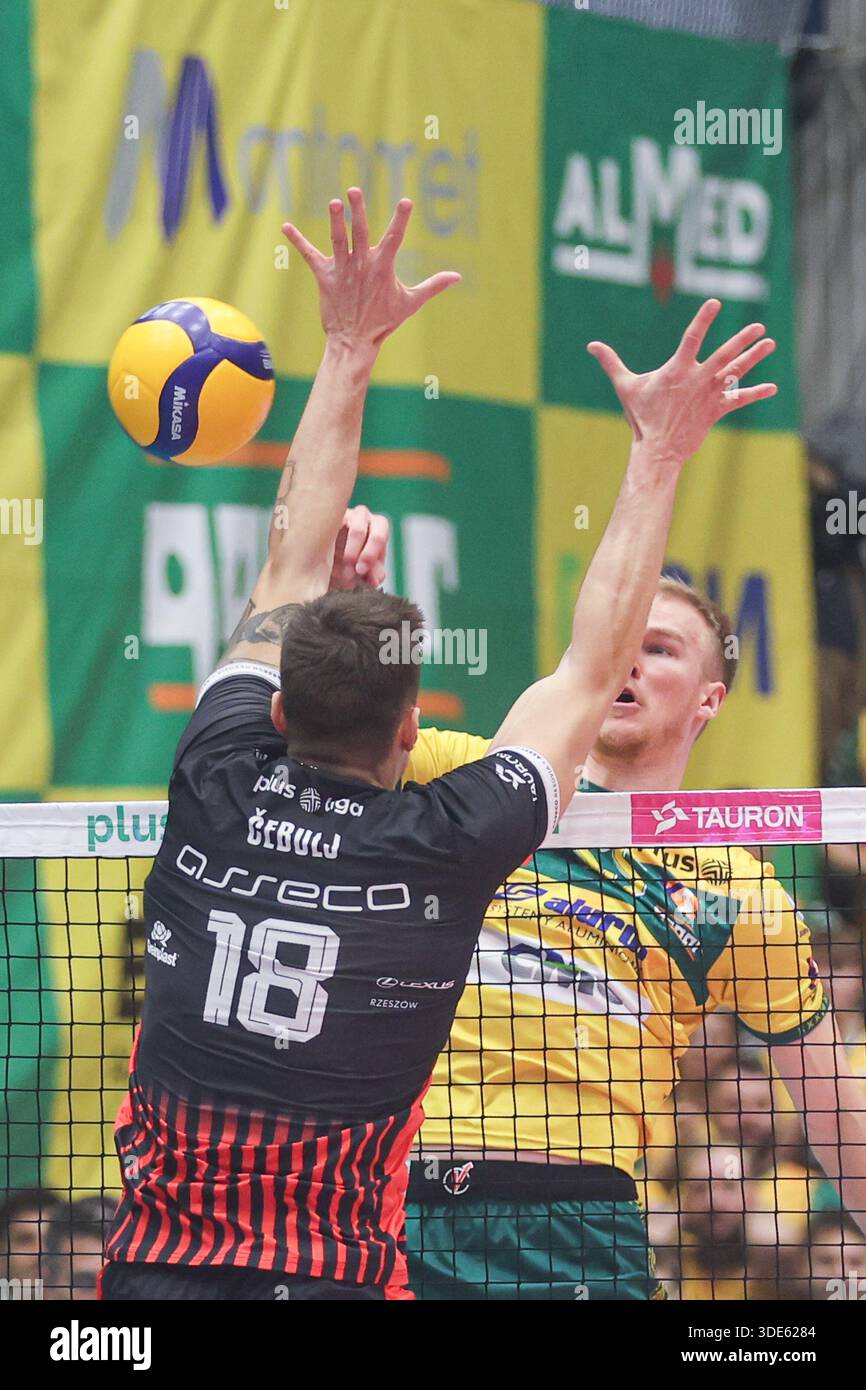 Klemen Cebulj of Asseco Resovia (L) and Kyle Ensing of Aluron CMC Warta ...