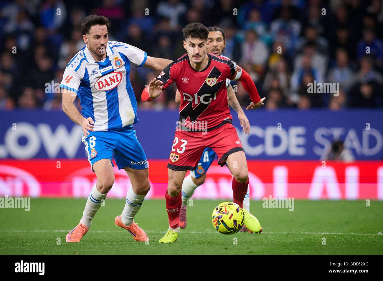 RCD Espanyol's Edu Exposito (L) and Rayo Vallecano's Oscar Valentin ...