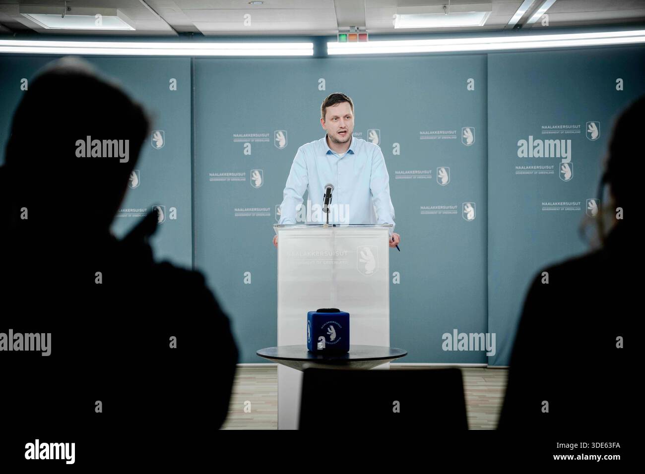 Greenland's Prime Minister Jens Frederik Nielsen holds a press ...
