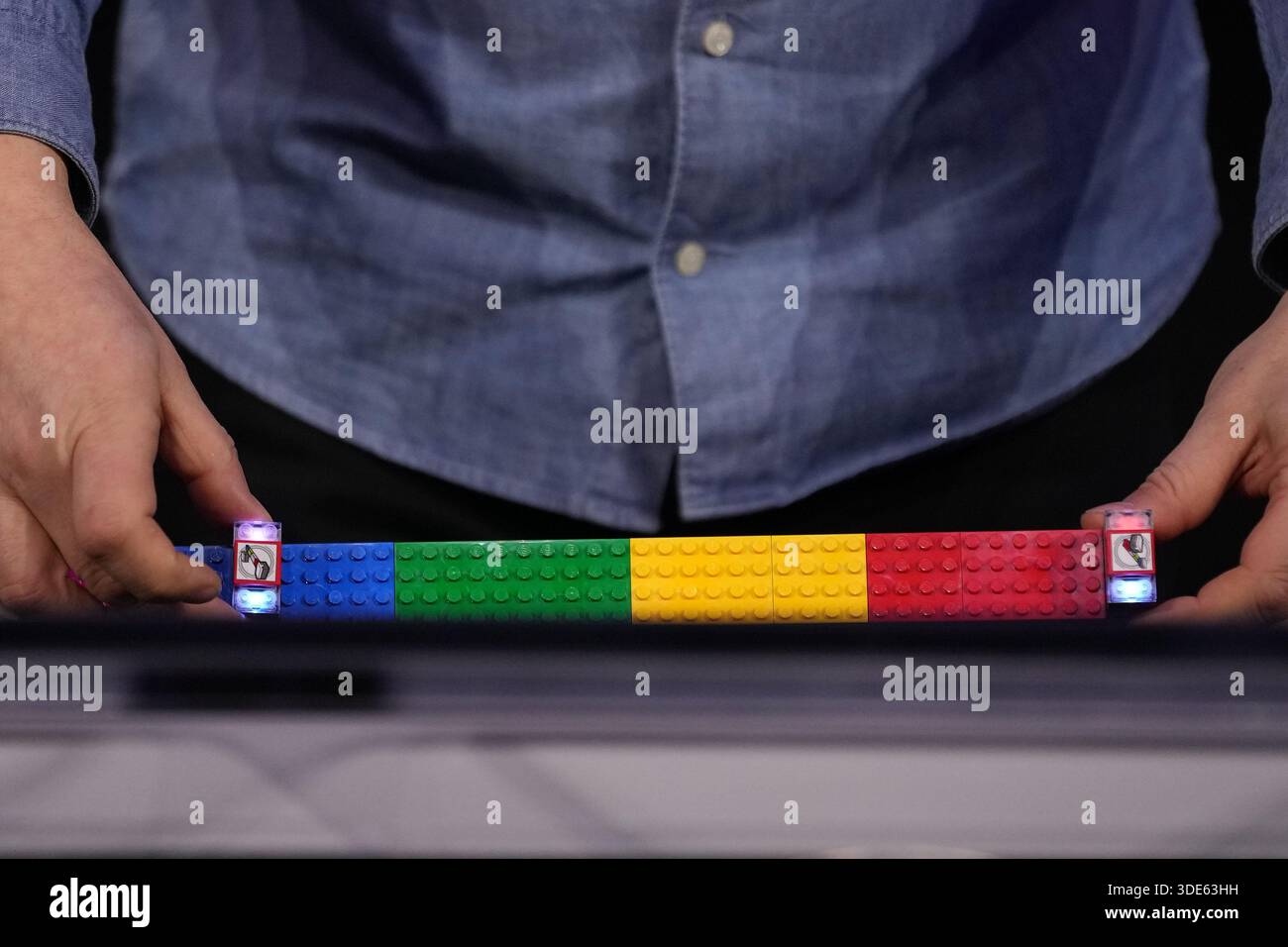 LEGO smart bricks are shown during a LEGO news conference ahead of the ...