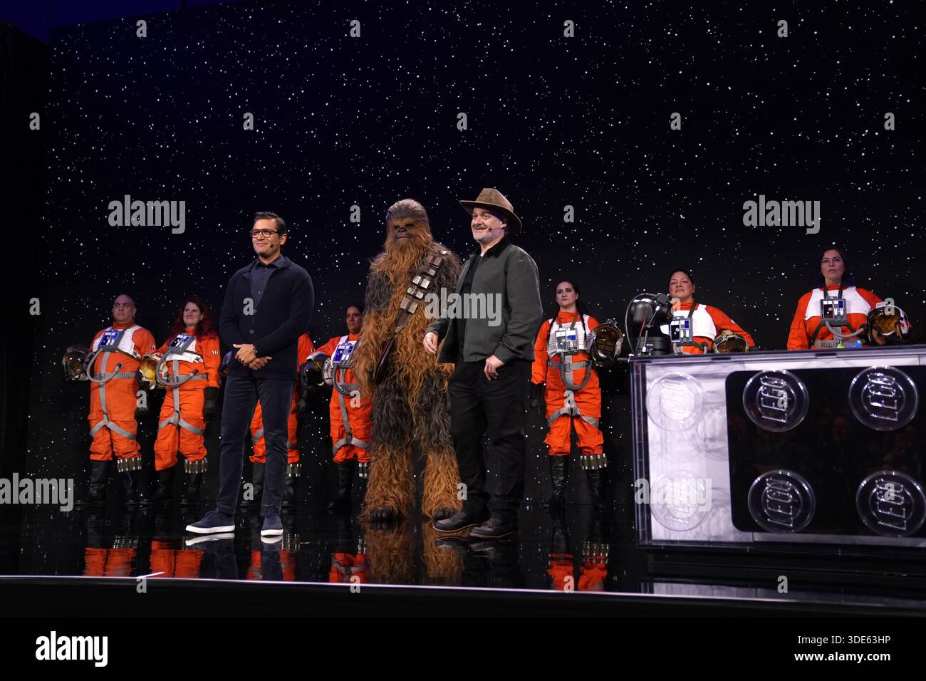 Asad Ayaz, left, and Dave Filioni stand on stage during an LEGO news ...